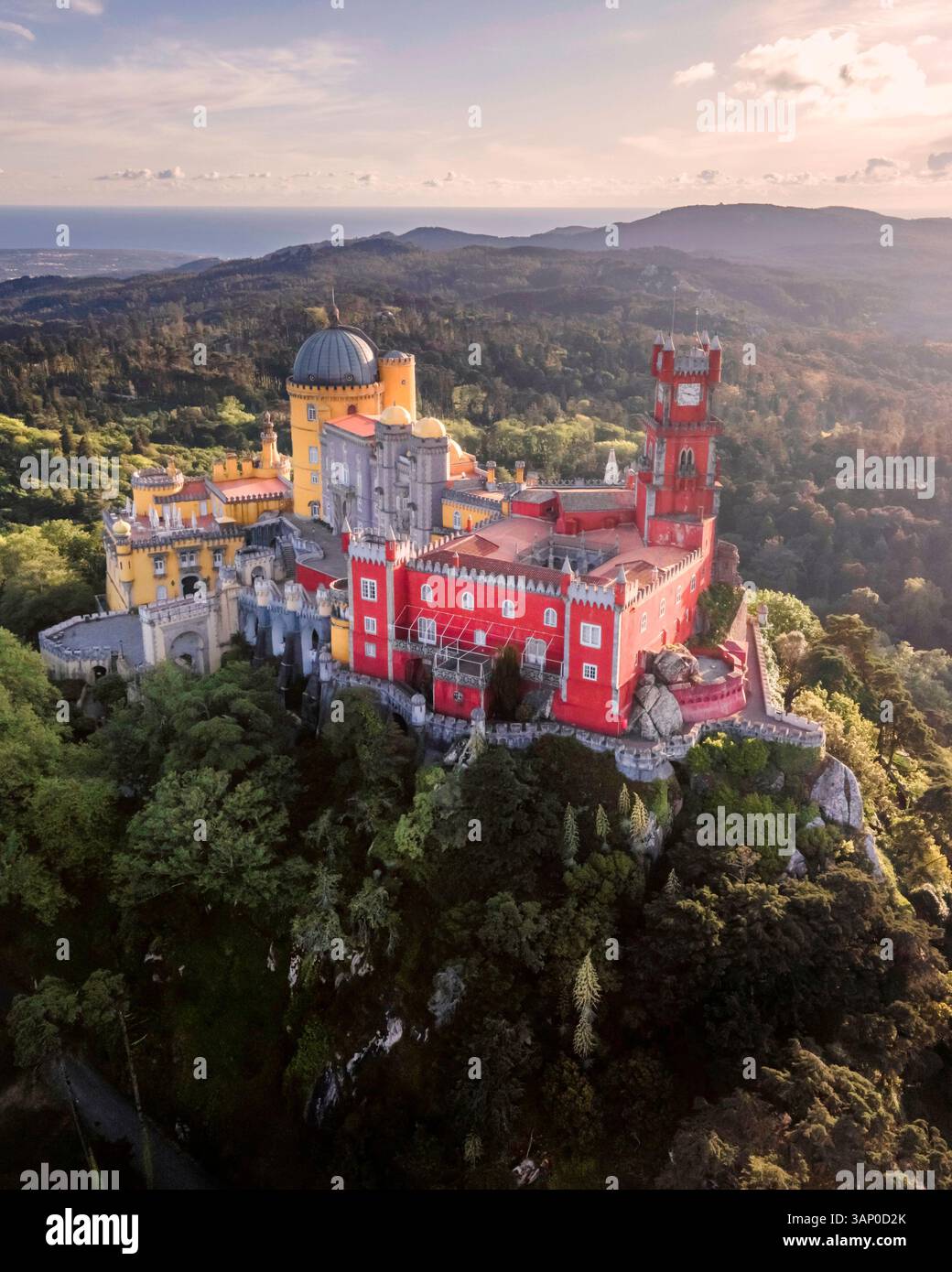 Aerial view of Pena Palace, a colourful Romanticist castle building on ...