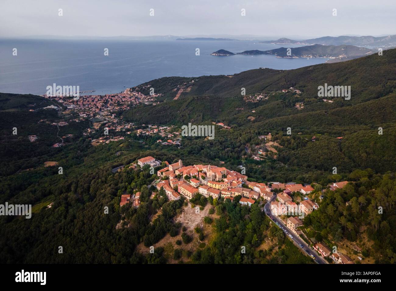 Aerial view of Poggio with Marciana Marina in background on hilltop ...