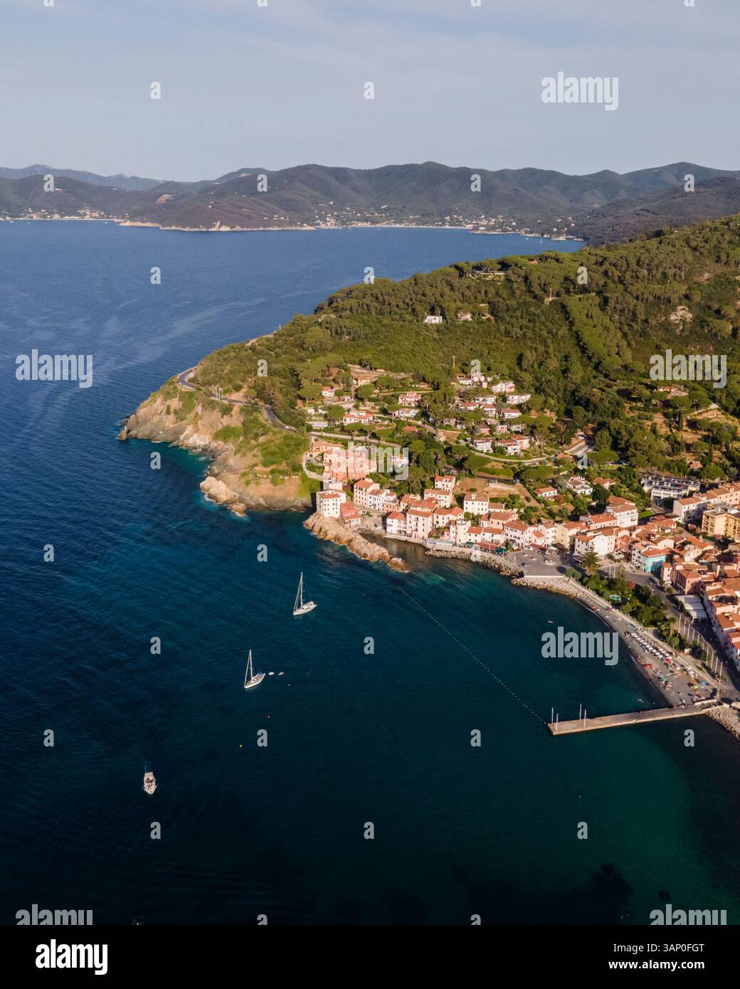 Aerial view of Marciana Marina with the harbour, Elba Island, Italy ...