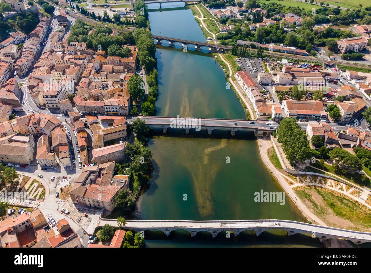 Aerial view of bridges crossing the Orb river in Beziers, France Stock ...
