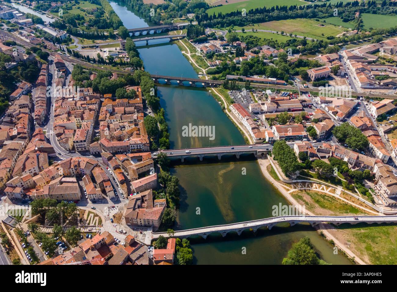 Aerial view of bridges crossing the Orb river in Beziers, France Stock ...