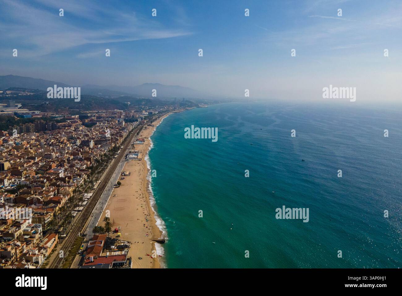 Aerial view of the coastline with beaches in Badalona, Catalunya ...