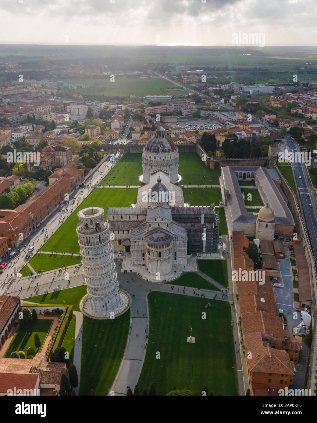 Pisa, Tuscany - 25 April 2022: Aerial view of Pisa leaning tower with ...