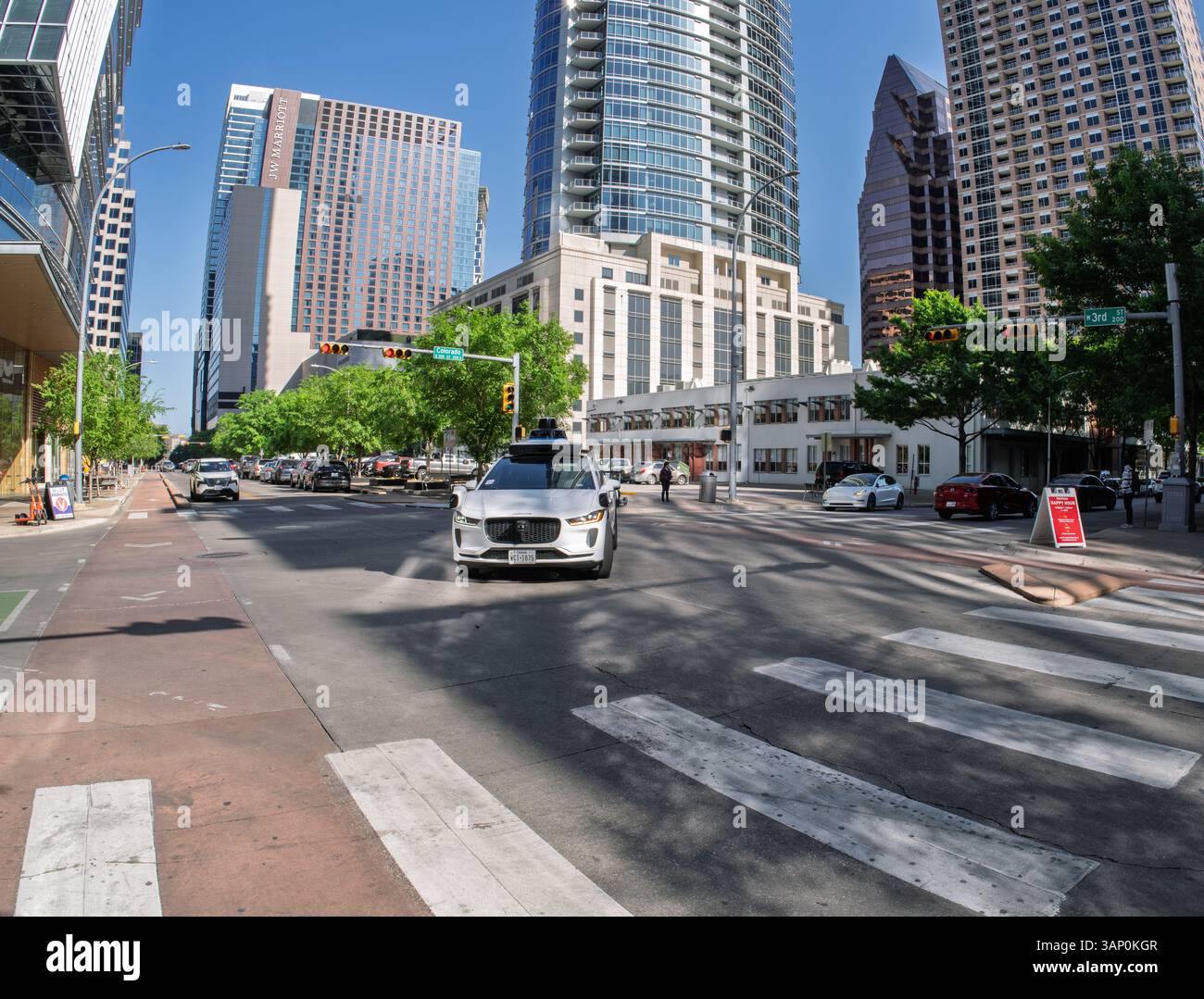 Austin, TX - 10 April 2025: Fisheye lens view of a Waymo Jaguar ...