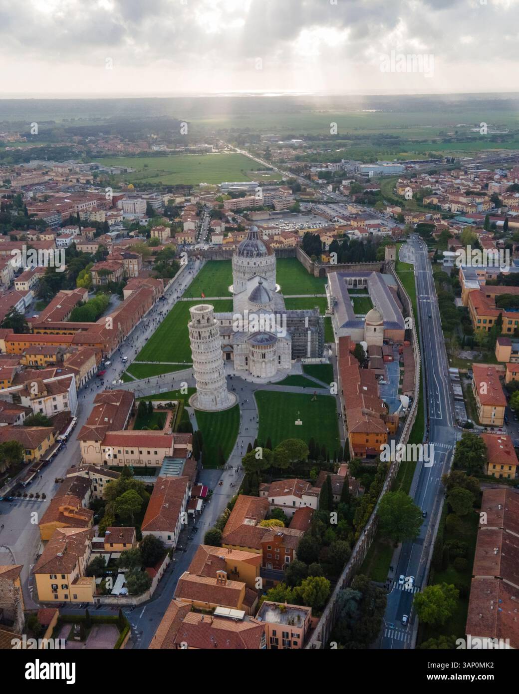 Pisa, Tuscany - 25 April 2022: Aerial view of Pisa leaning tower with ...