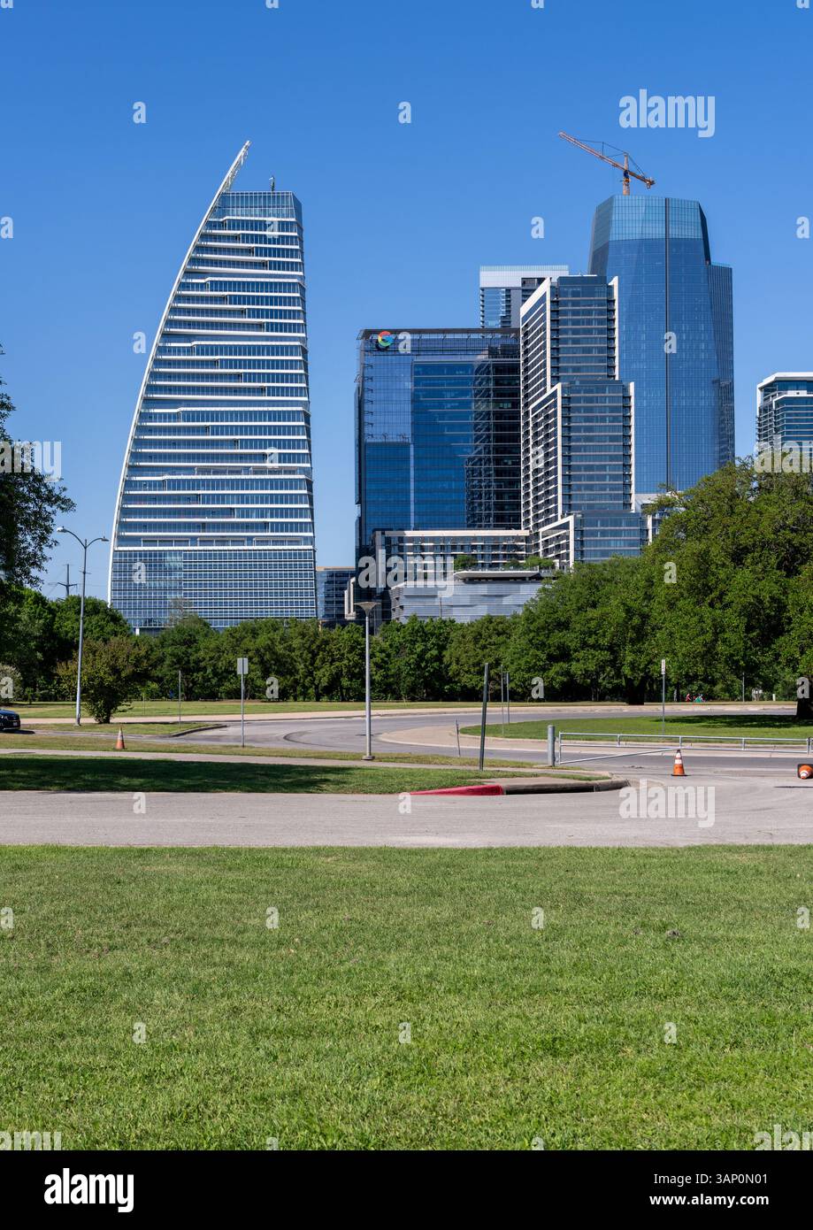 Austin, TX - 10 April 2025: Downtown City skyline with Google Block 185 ...