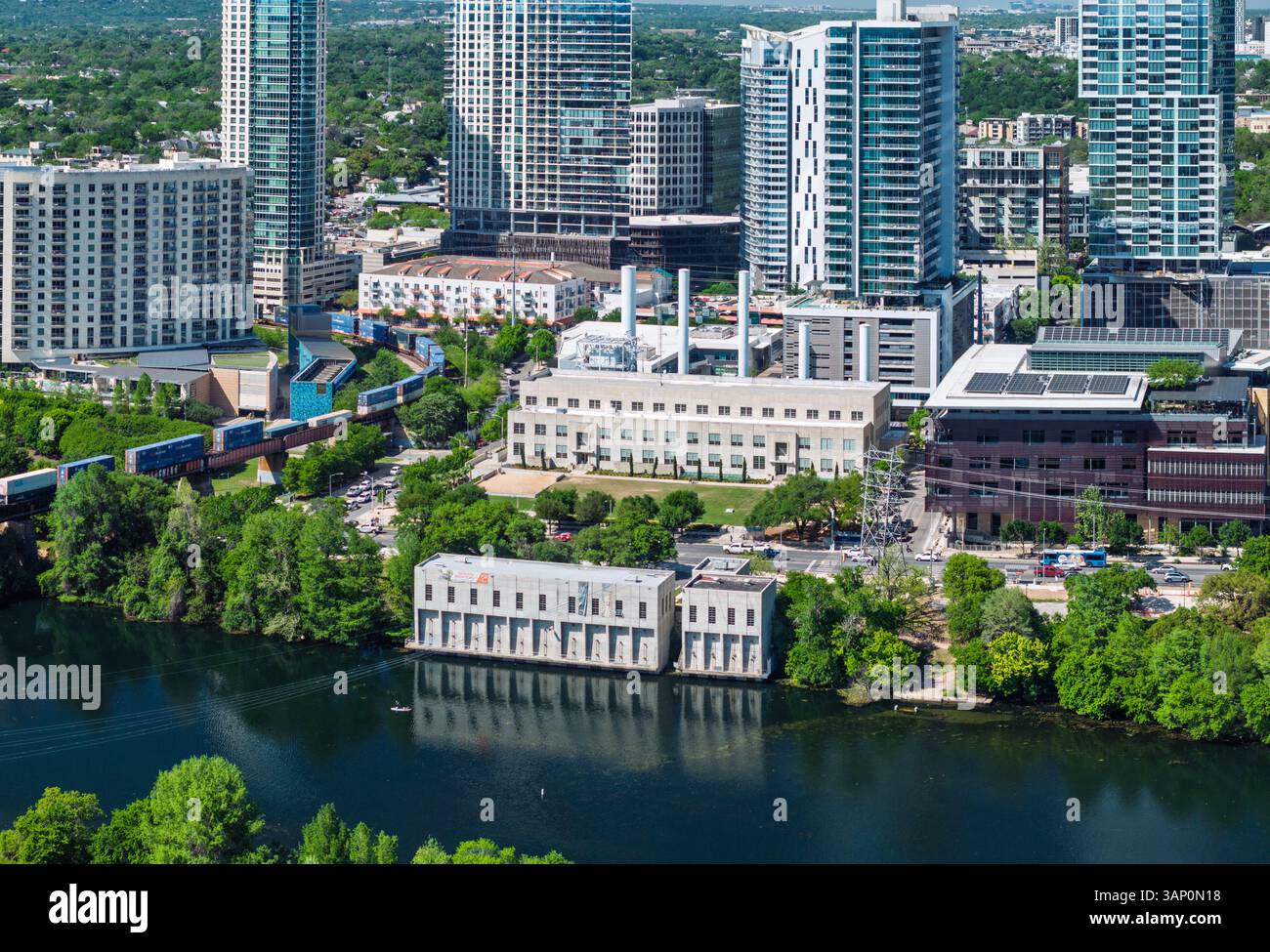 Austin, TX - 10 April 2025: Aerial view of Seaholm waterfront ...