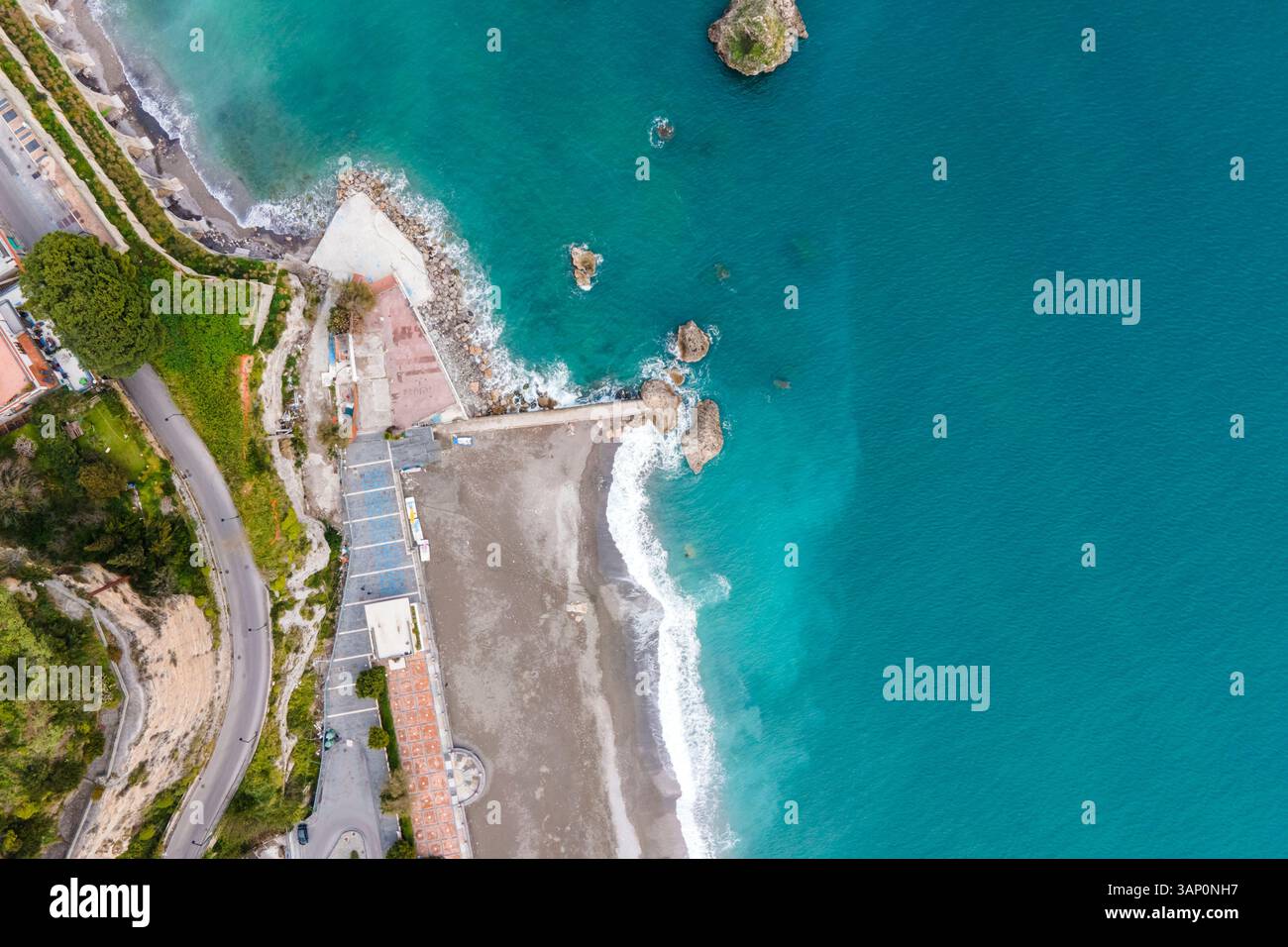 Aerial view of the coastline with beach in Vietri sul Mare, Amalfi ...