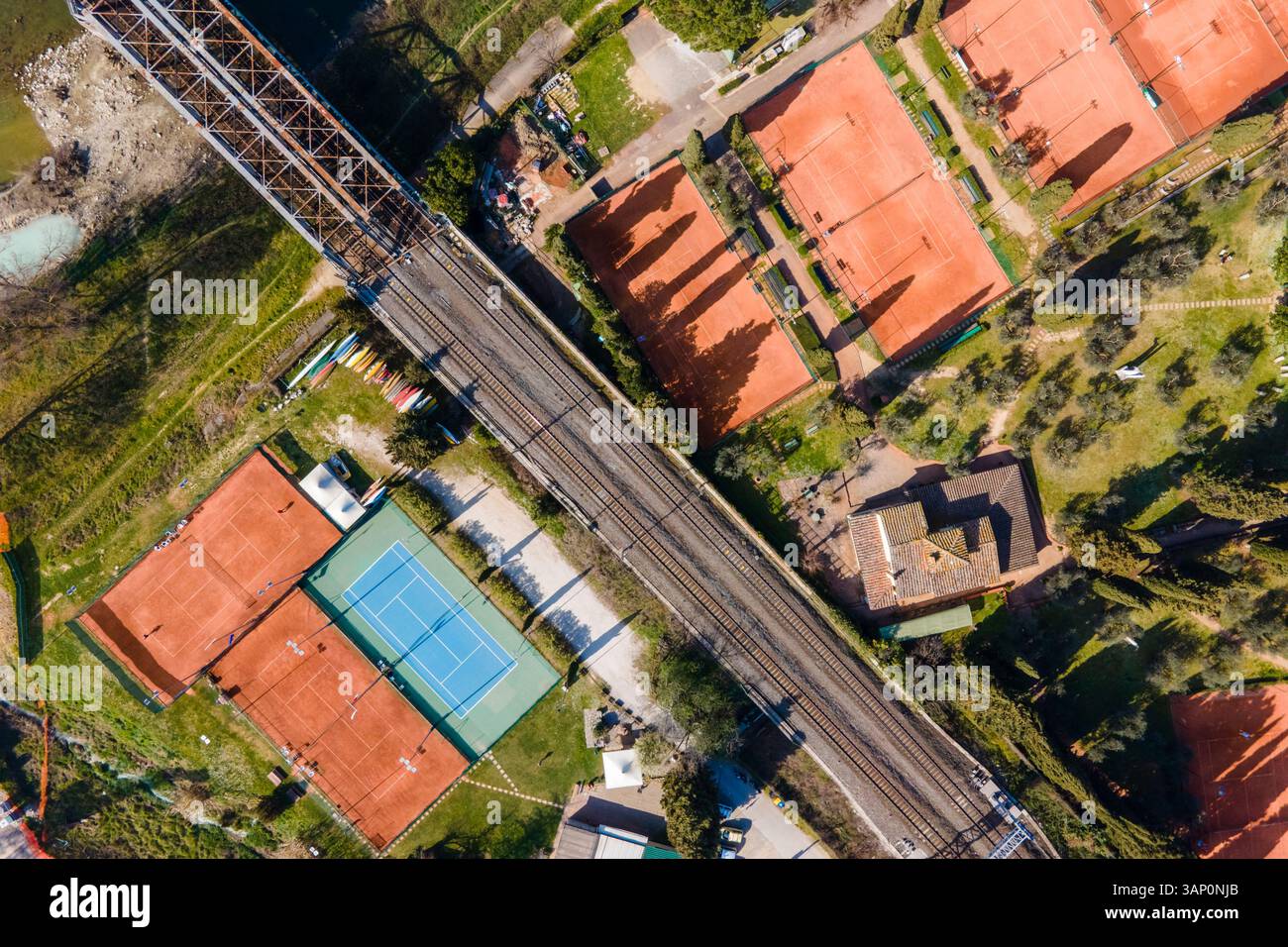 Aerial view of a sport place along the railway in Fiesole, Florence ...