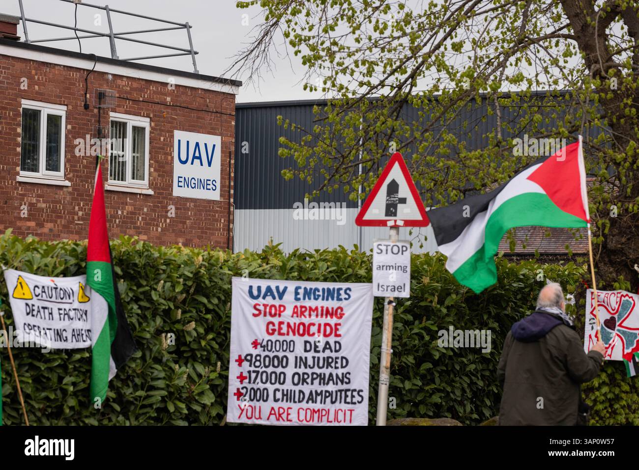 Shenstone, UK. 15 APR, 2025. UAV Engines sign as Pro Palestine ...