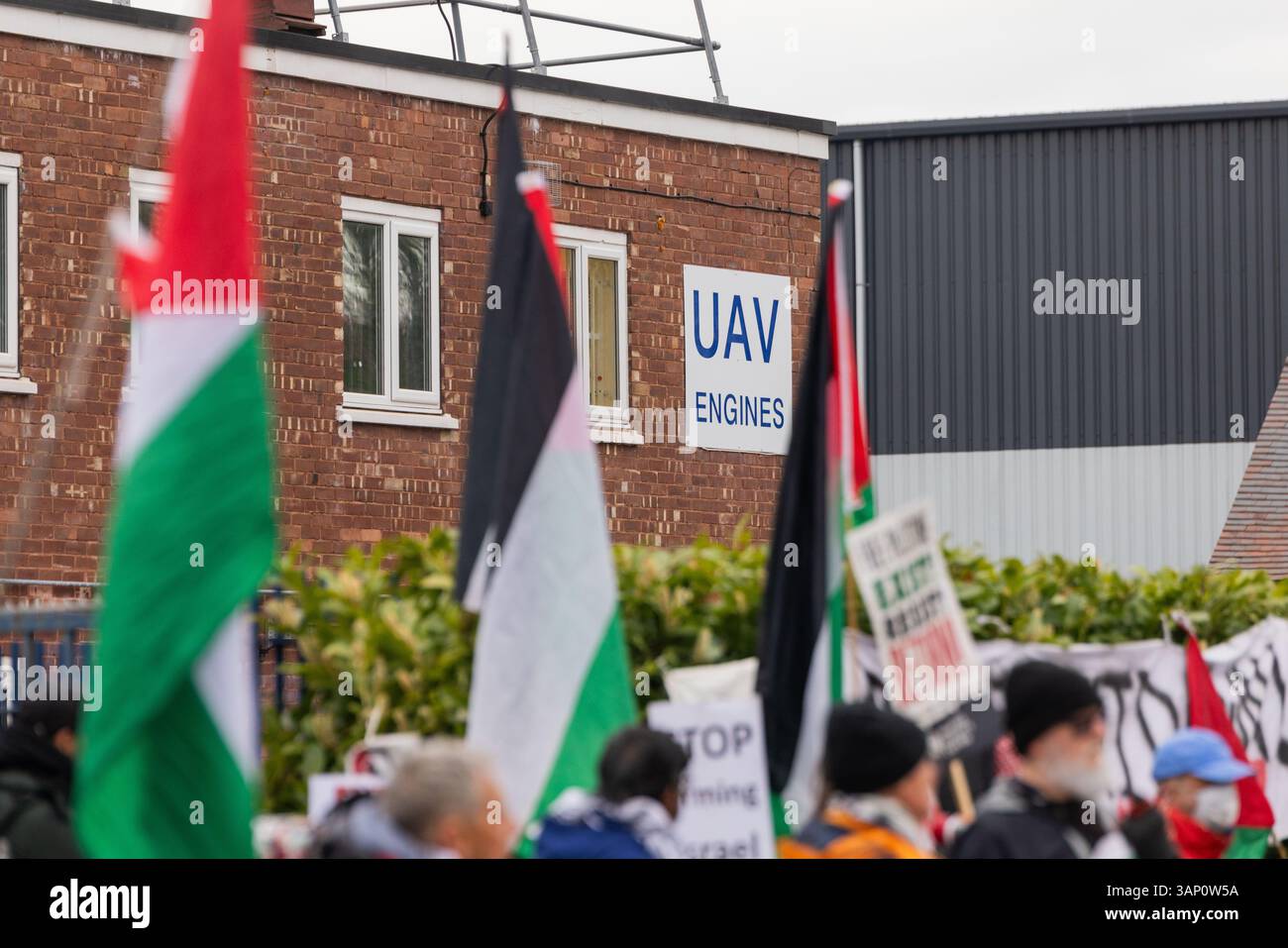 Shenstone, UK. 15 APR, 2025. UAV Engines sign as Pro Palestine ...