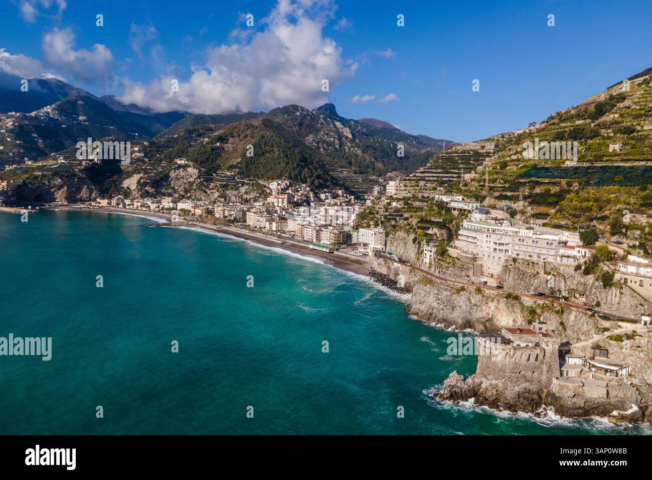 Aerial view of Maiori town with the Torre Normanna, a ruined tower ...