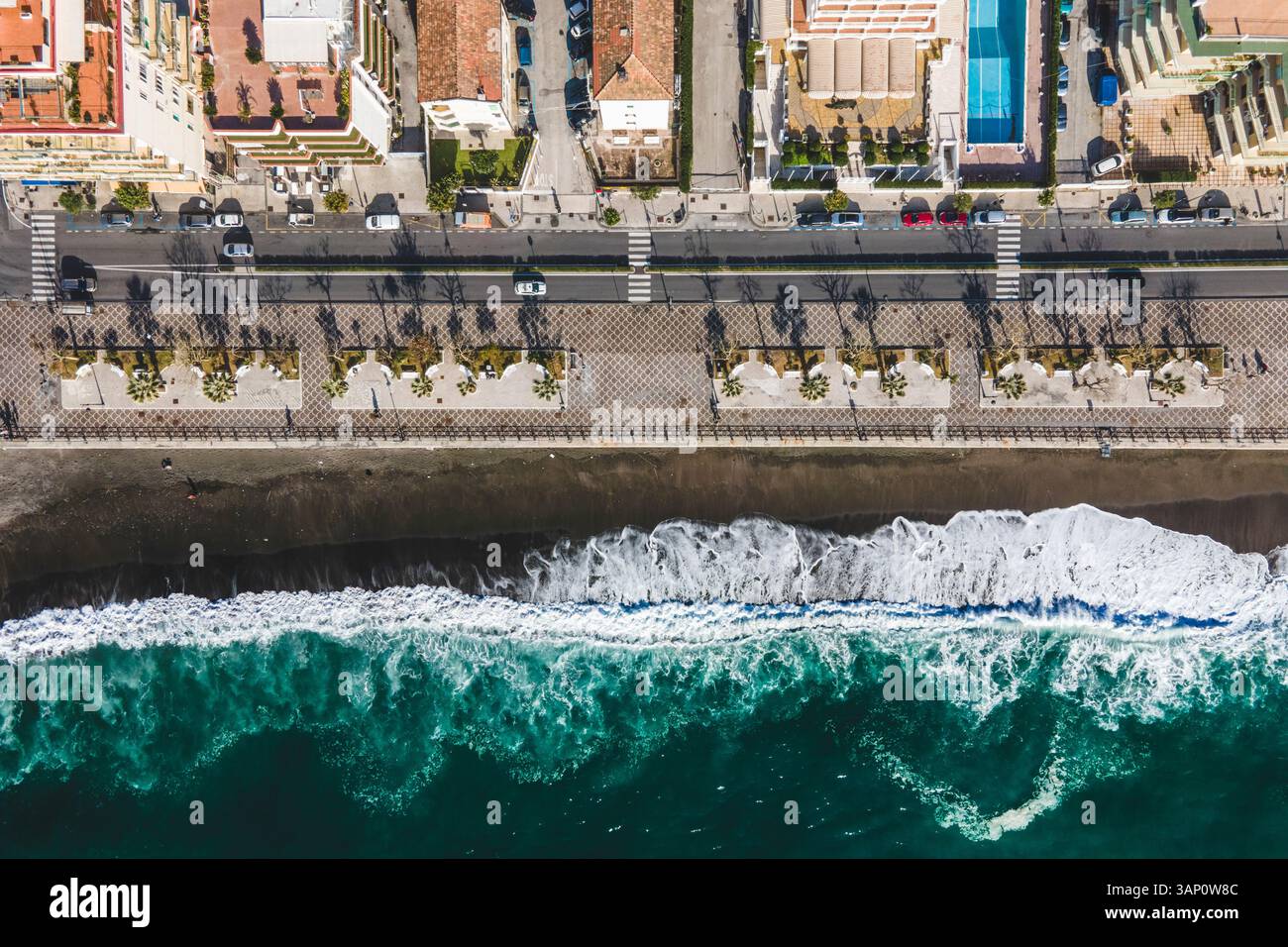 Aerial view of Maiori little town promenade facing the Mediterranean ...