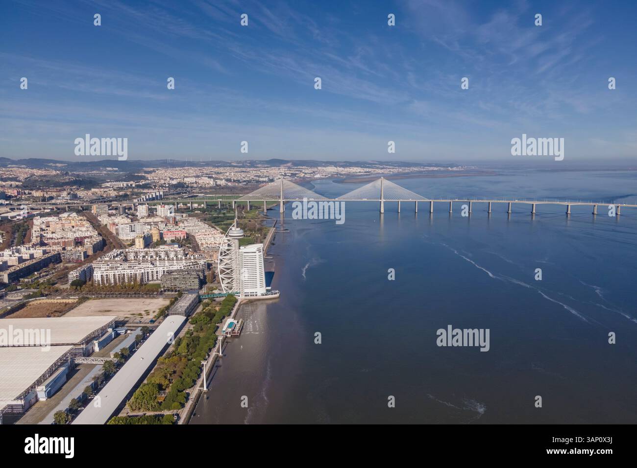 Aerial view of Oriente district from above, view of Vasco da Gama ...