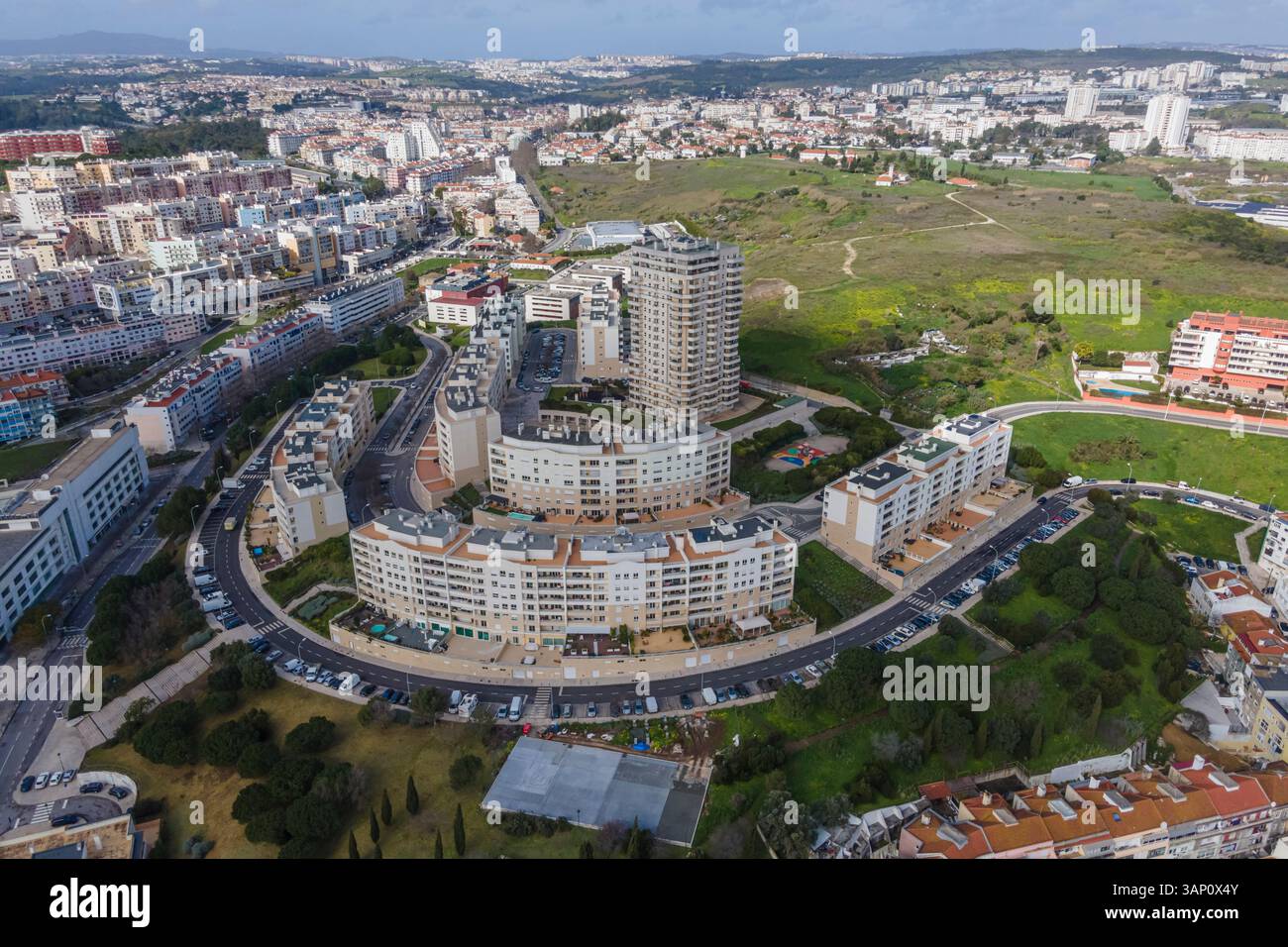 Aerial view of a residential complex building in Alges area, Lisbon ...