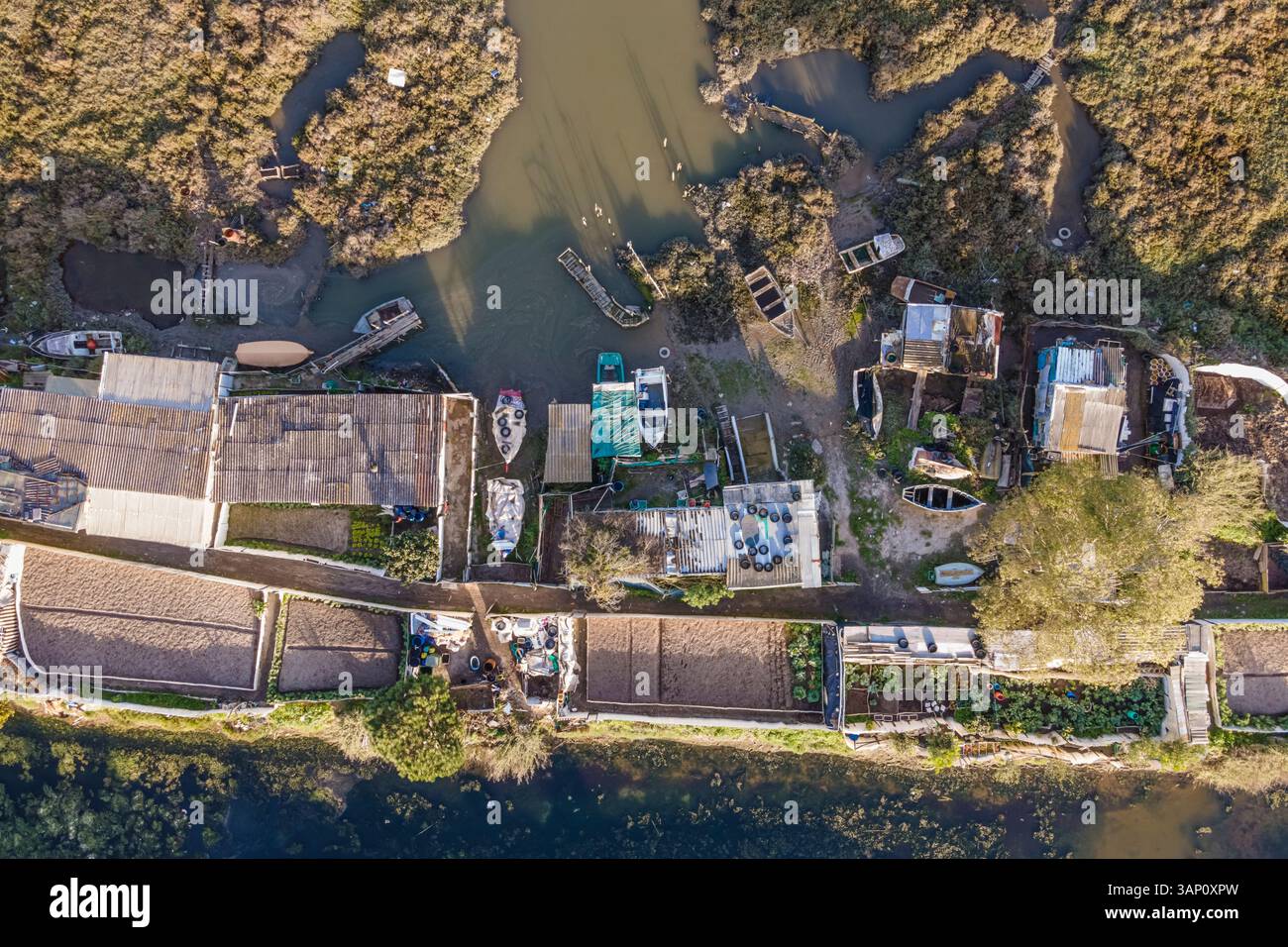 Aerial view of abstract pattern from a lagoon along the Tagus river in ...