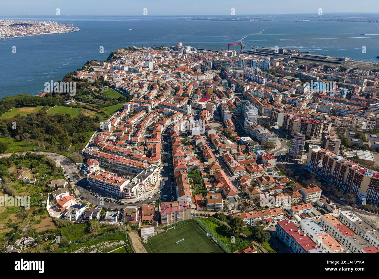 Aerial view of a residential district in Almada, view of rooftops ...