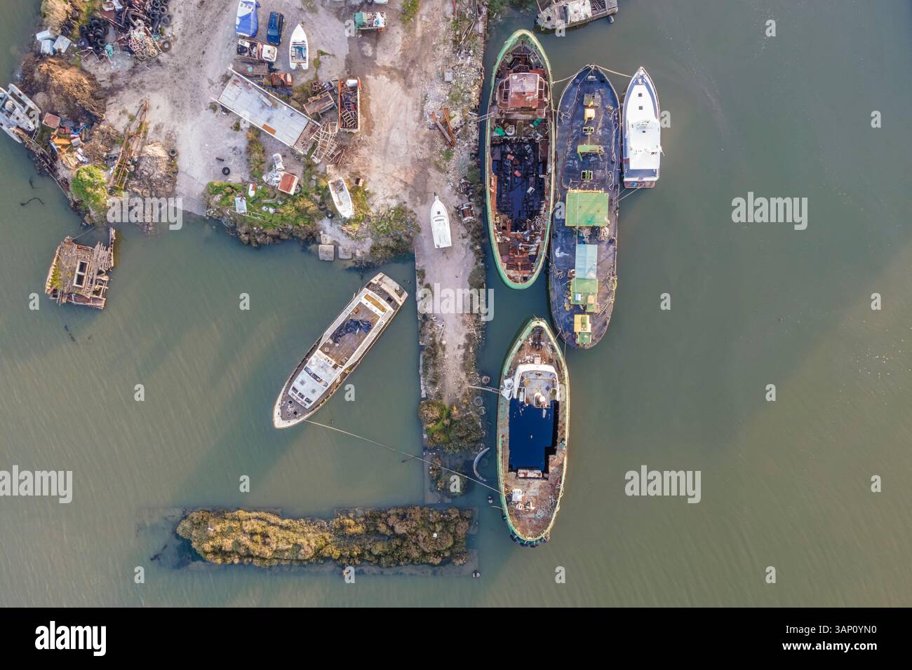 Aerial view of ship wrecks along the lagoon near Tagus river in ...
