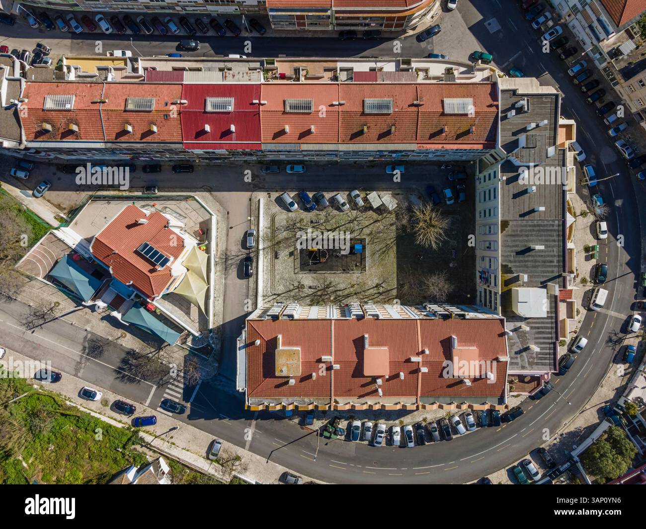 Aerial view of a residential district in Almada, view of rooftops ...