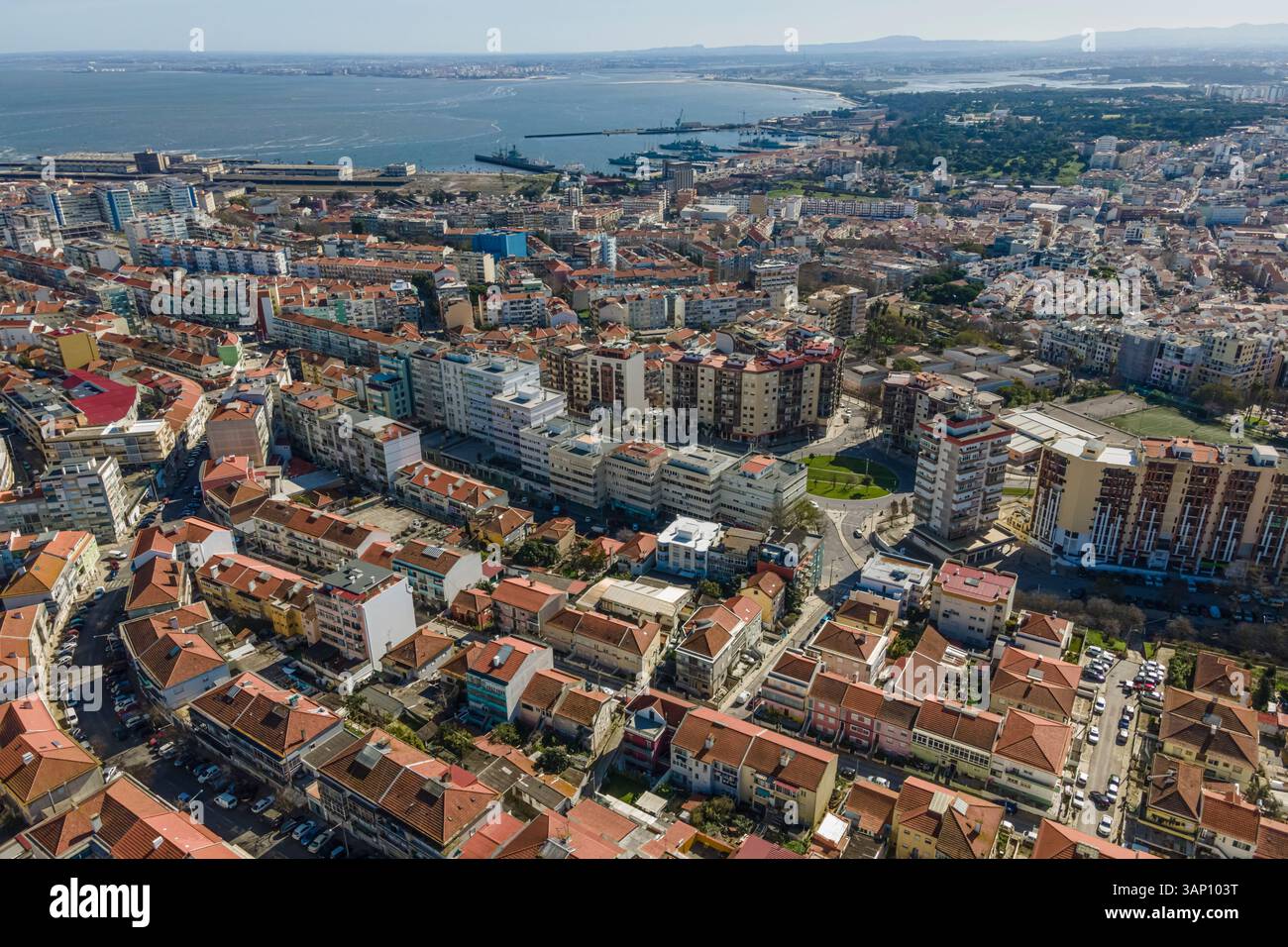 Aerial view of a residential district in Almada, view of rooftops ...