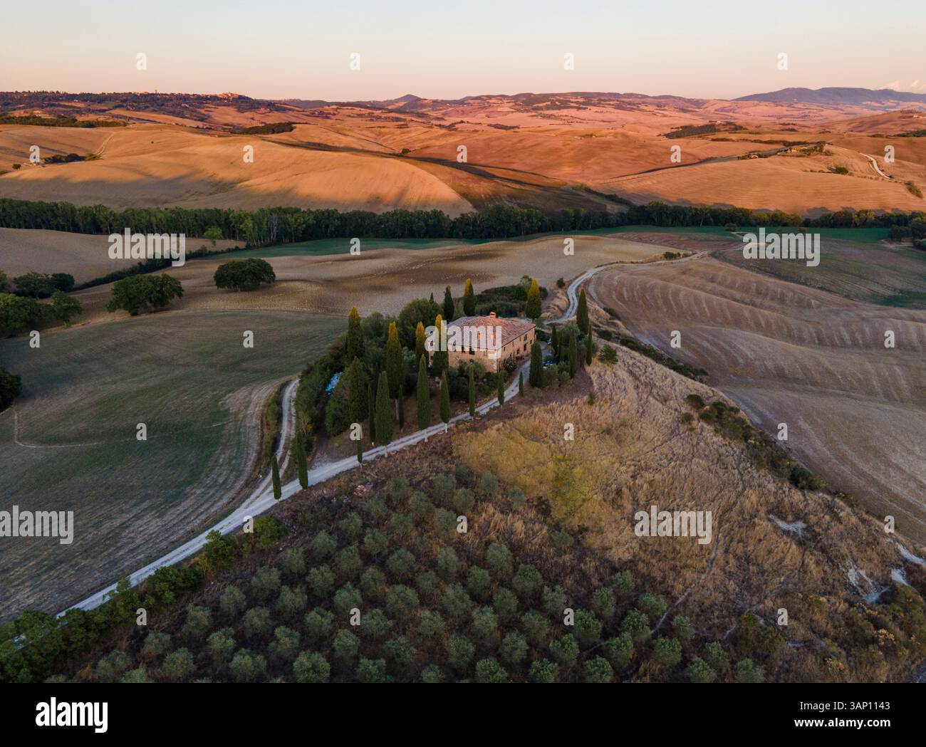 Aerial view of a small house on hilltop surrounded with vineyard at ...