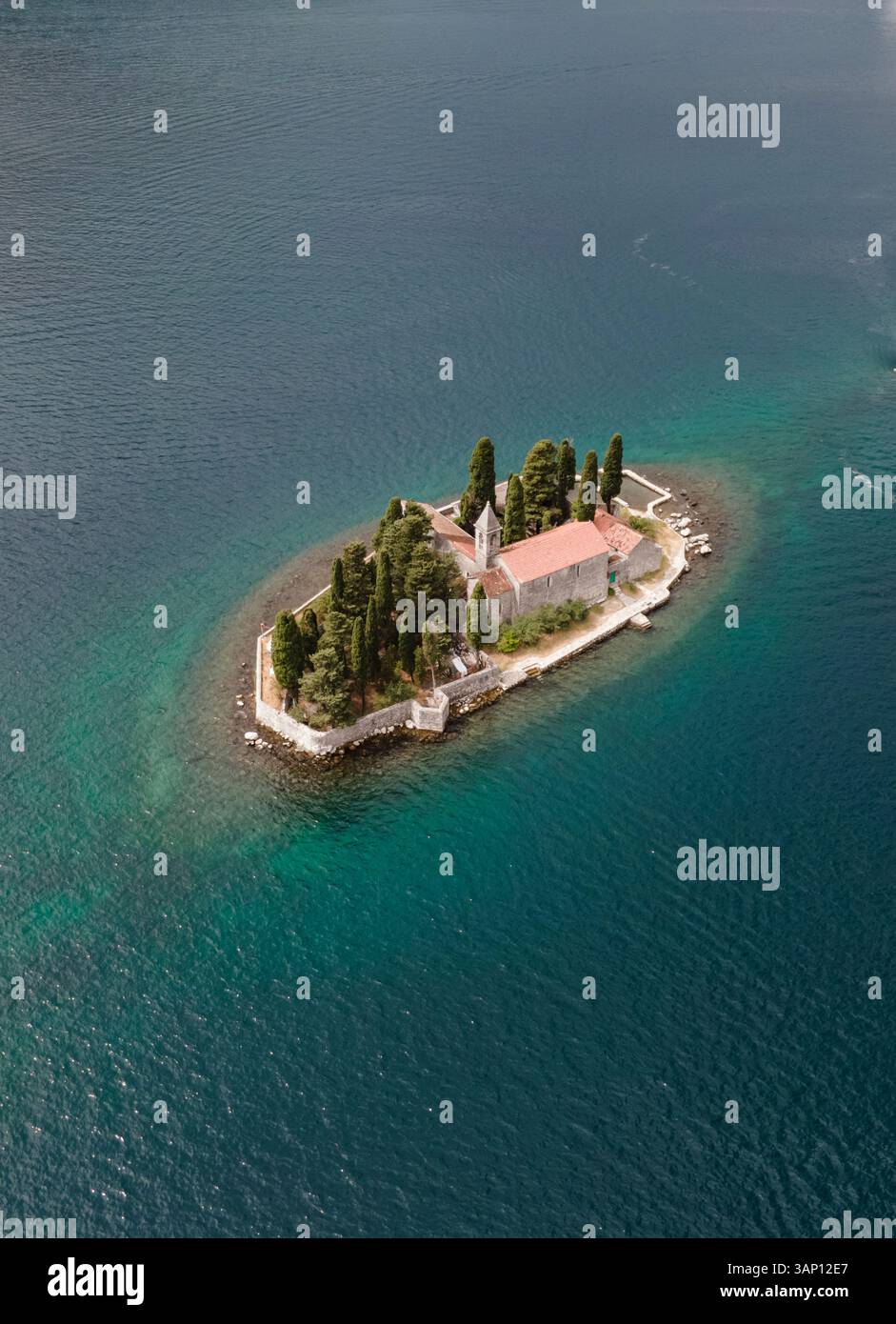 Aerial view of Catholic monastery of Saint George near Perast town ...