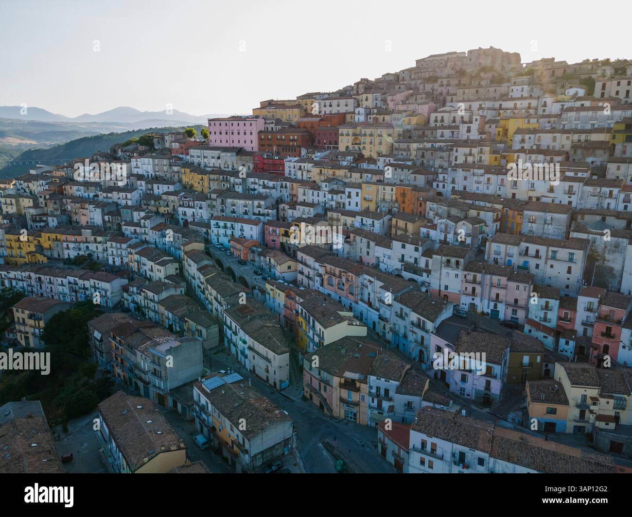 Aerial view of Calitri township on hillside, a colourful town in ...