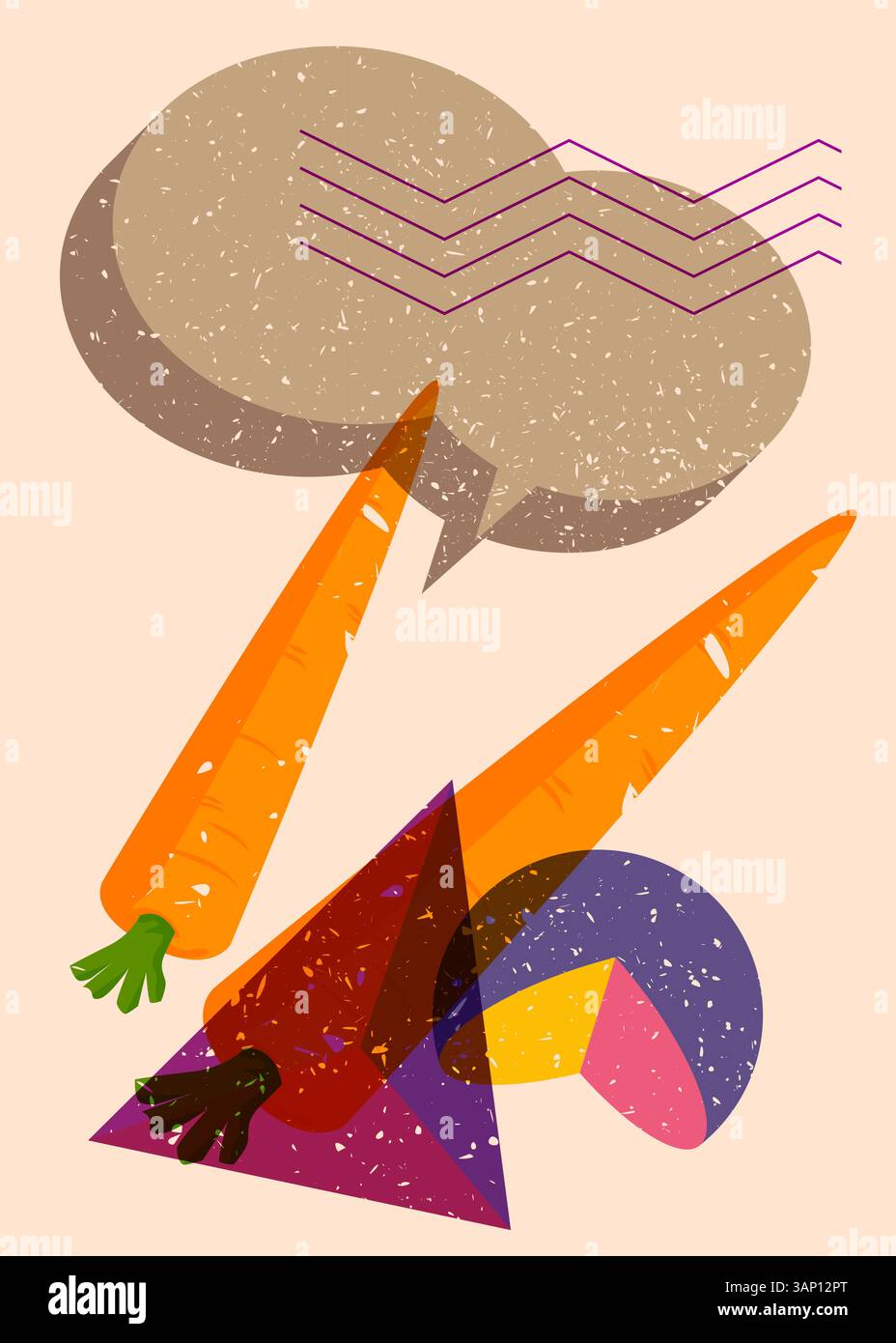 Risograph Carrot with speech bubble with geometric shapes. Objects in ...