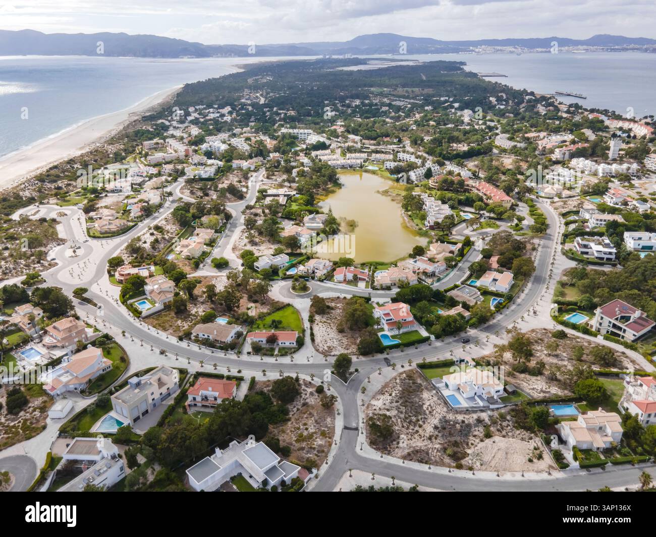 Aerial view of an exclusive luxury village with expensive villas and ...