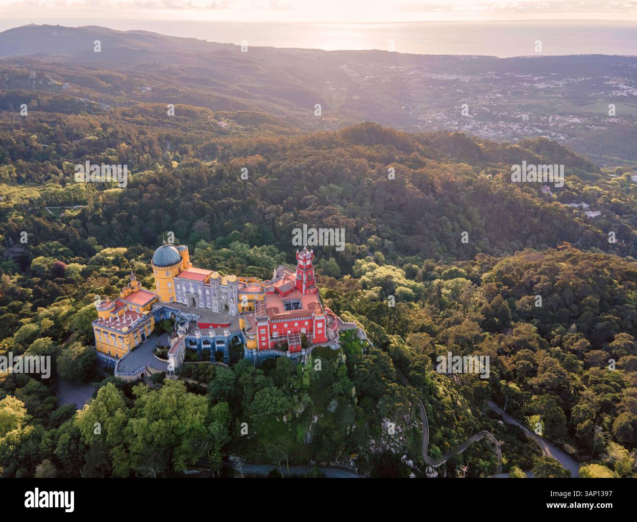 Aerial view of Pena Palace, a colourful Romanticist castle building on ...