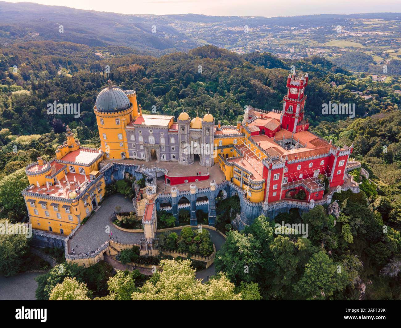 Aerial view of Pena Palace, a colourful Romanticist castle building on ...