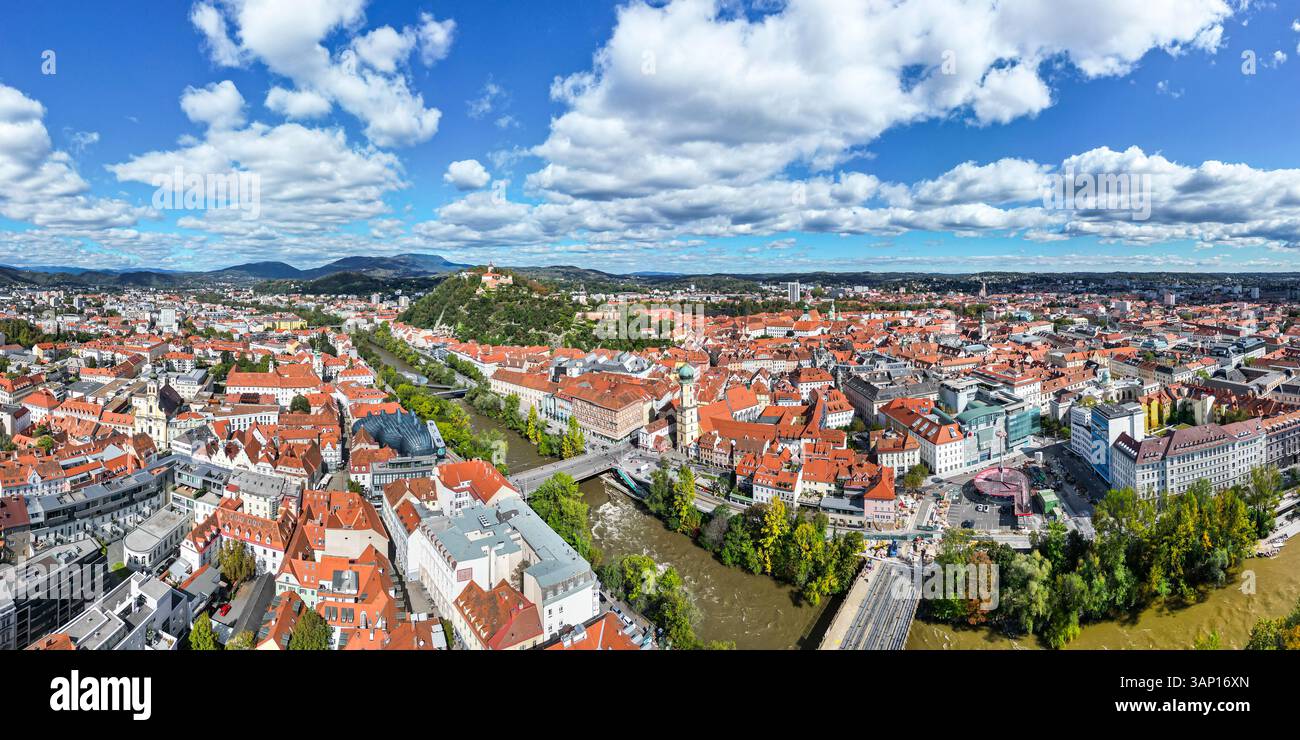 Aerial view of the historic old town and vibrant cityscape with the Mur ...