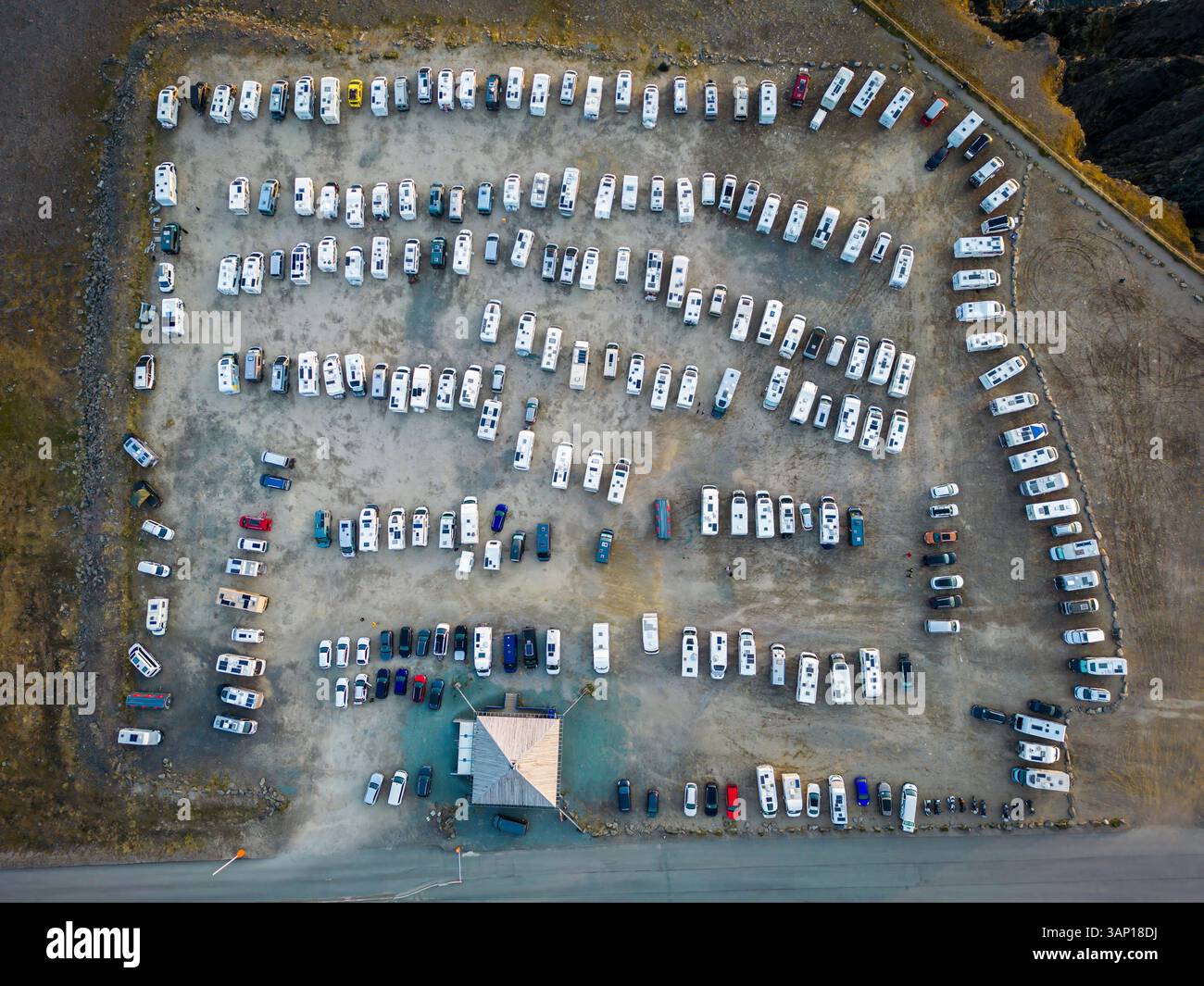 Aerial view of a crowded parking lot filled with recreational vehicles ...