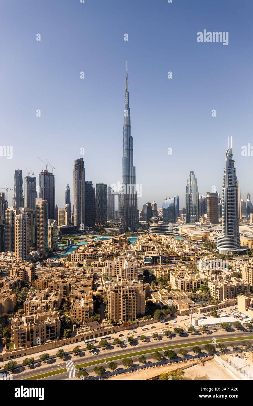 Aerial view of burj khalifa skyline with modern skyscrapers and urban ...