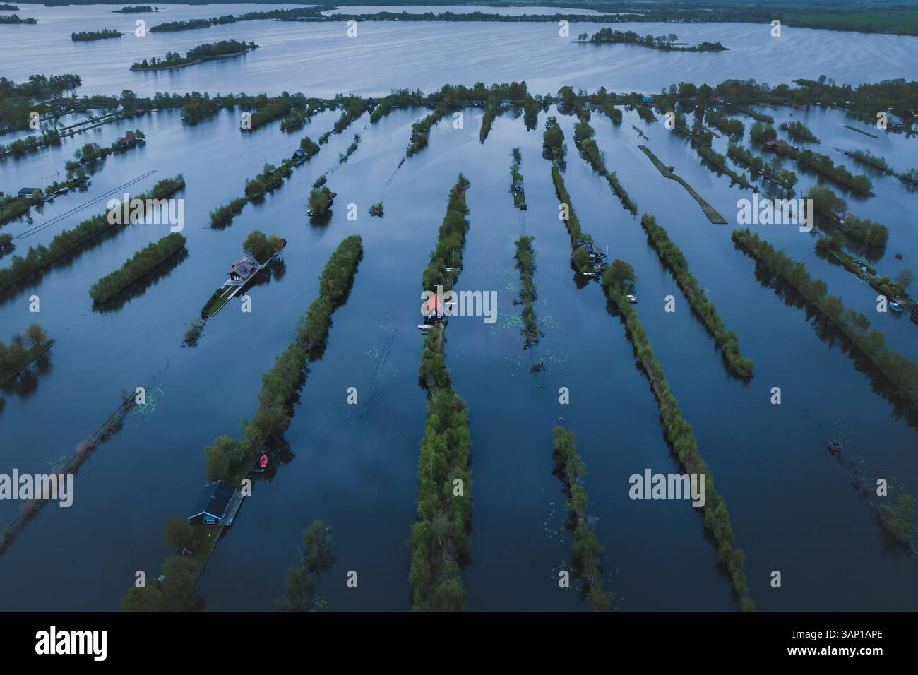 Aerial view of floating houses and boats on river, Scheendijk, The ...