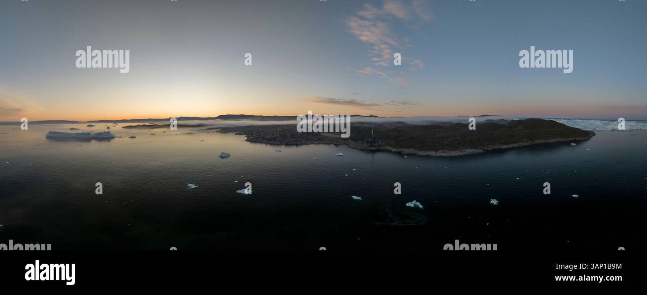 Aerial panoramic drone view of the iceberg lagoon at Ilulissat at a ...