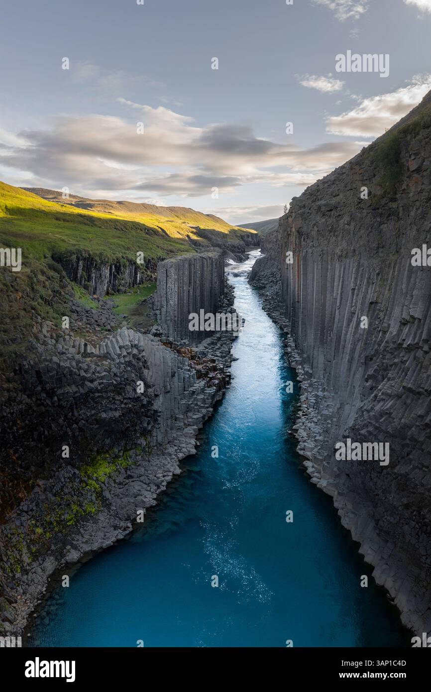 Aerial Drone View of the Studlagil Canyon with its basalt columns, Egilsstadir, Iceland Stock ...