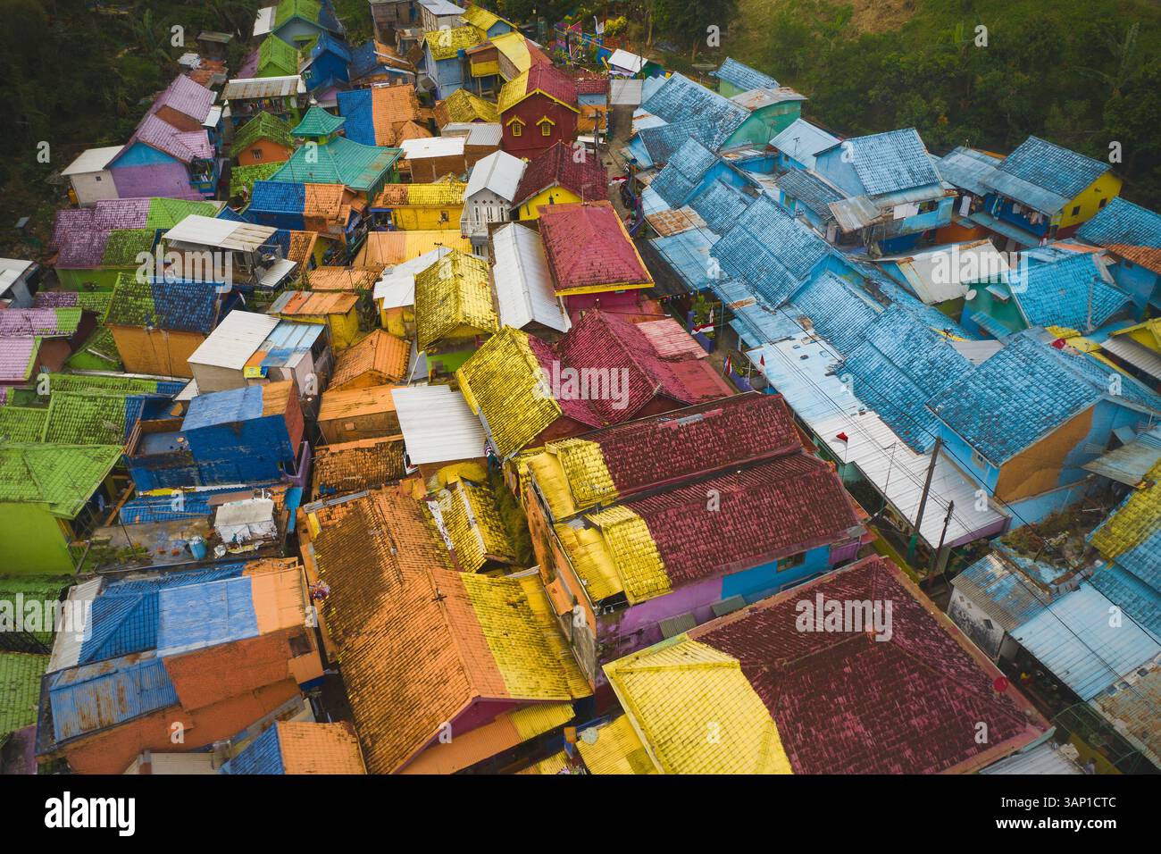Aerial drone view of colourful houses of Kampung Tridi, Malang, Java ...
