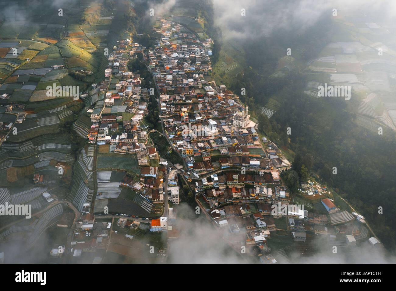 Aerial view of Nepal Van Javaon village on top of volcano Sumbing ...
