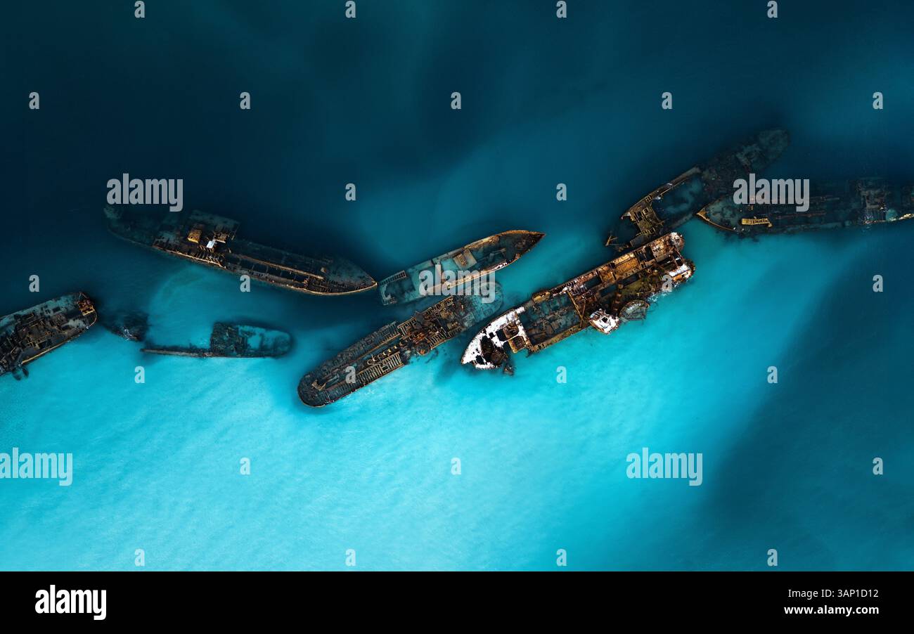 Aerial view of tangalooma wrecks and serene blue ocean, Moreton Island ...