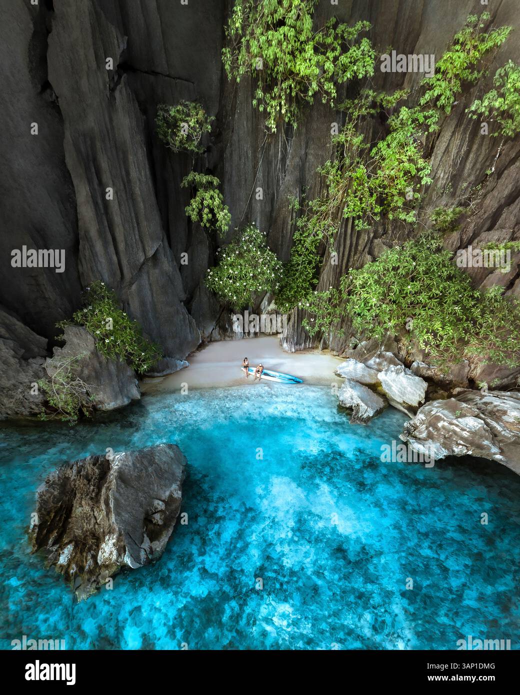 Aerial view of hidden beach and turquoise water, Coron, Palawan ...