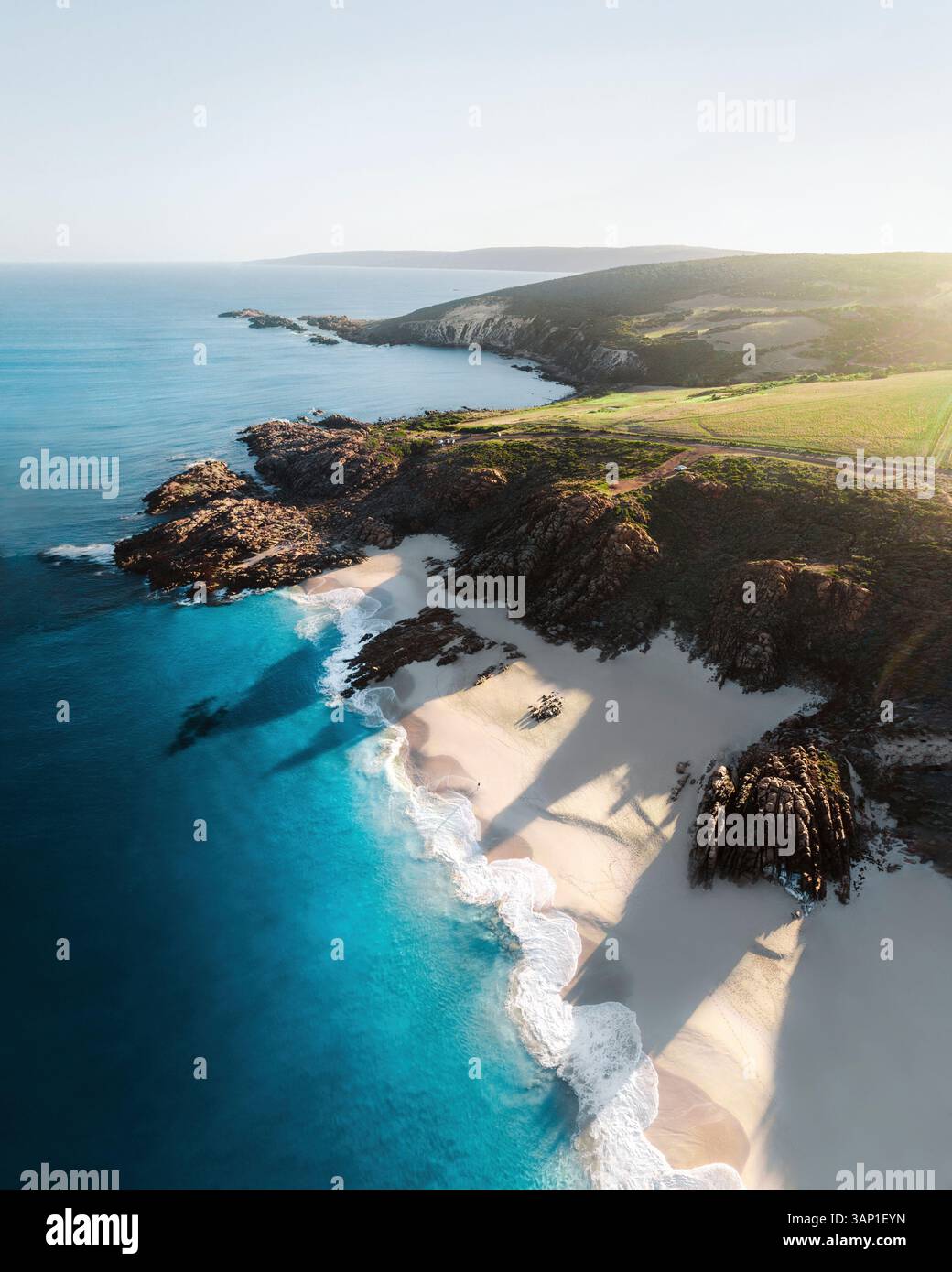 Aerial view of Injidup Beach, a beautiful and wild coastline along the ocean, Yallingup Western ...