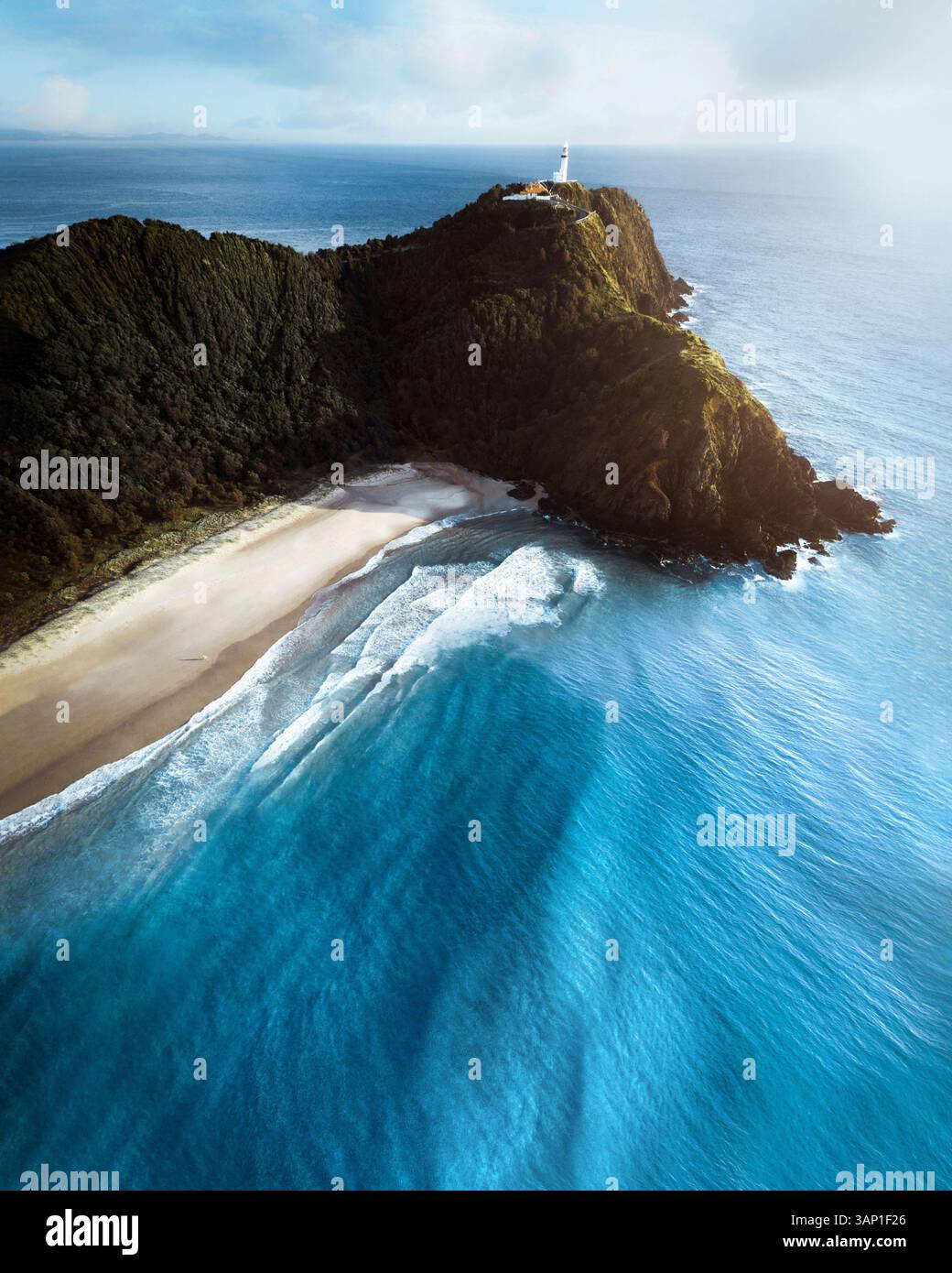 Aerial view of Cape Byron Lookout point with the lighthouse on the ...