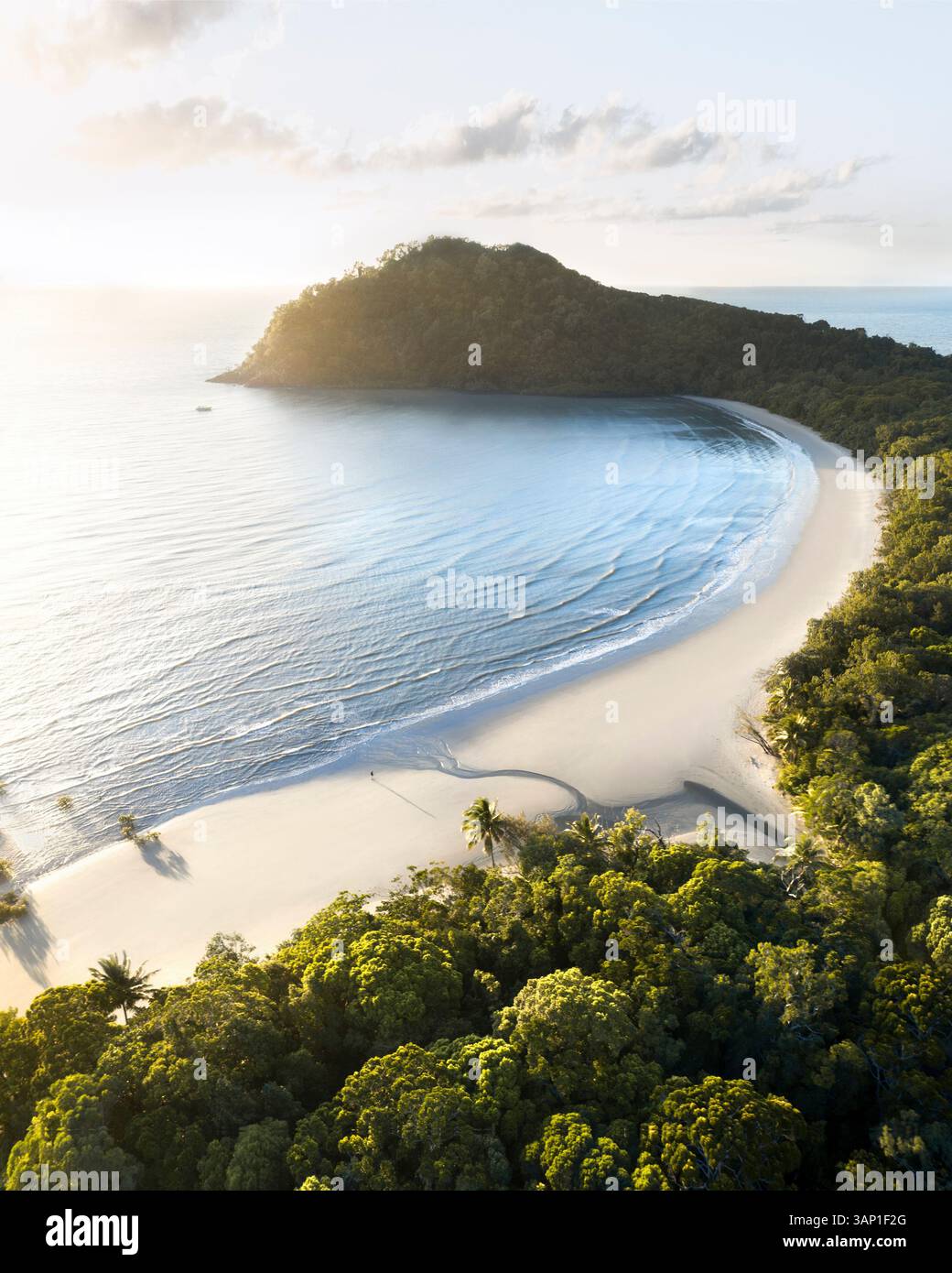 Aerial view of Cape Tribulation beach along the coastline at sunset ...