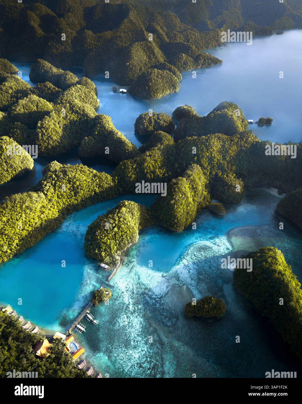 Aerial view of beautiful inlet with blue water at Sohoton Cove, Siargao ...
