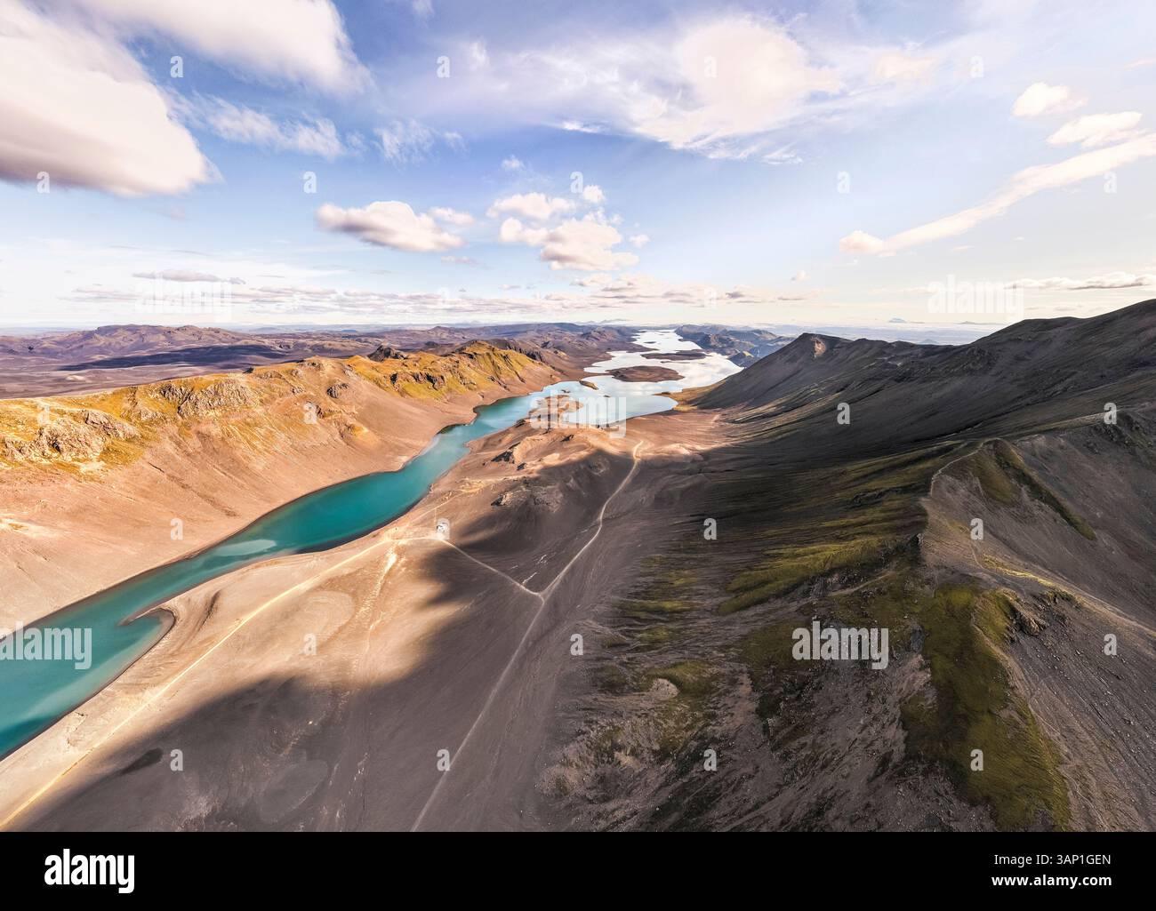 Aerial view of Langisfor lake at sunset, a scenic lake surrounded by ...