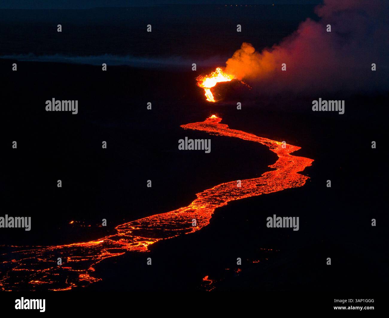 Aerial view of Litli-Hrutur (Little Ram) Volcano during an eruption on ...