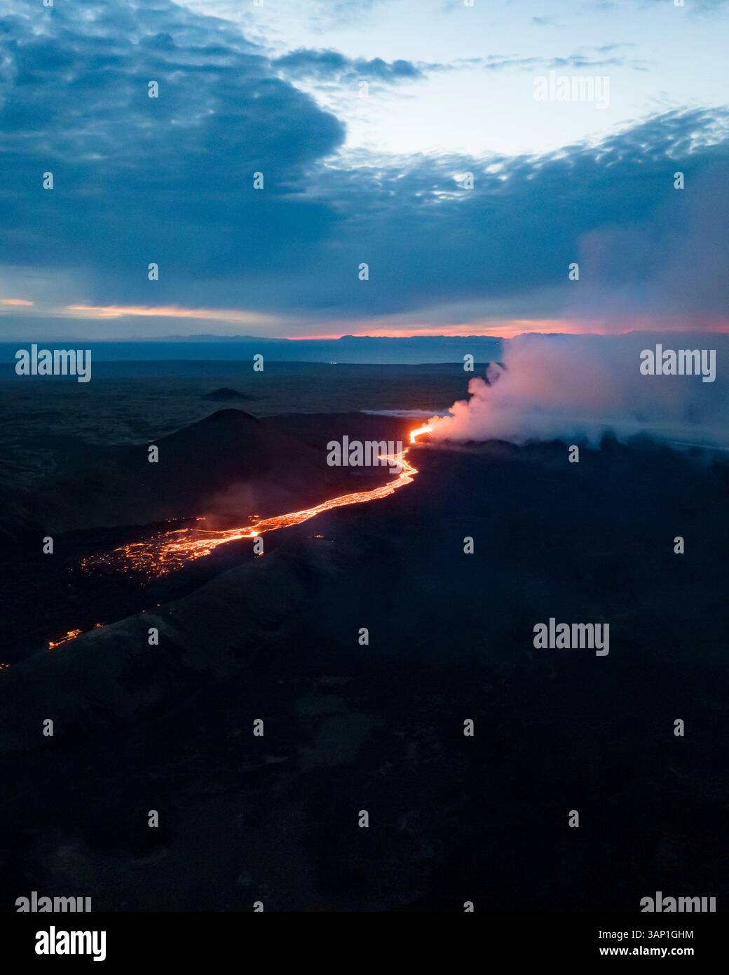 Aerial view of Litli-Hrutur (Little Ram) Volcano during an eruption on ...