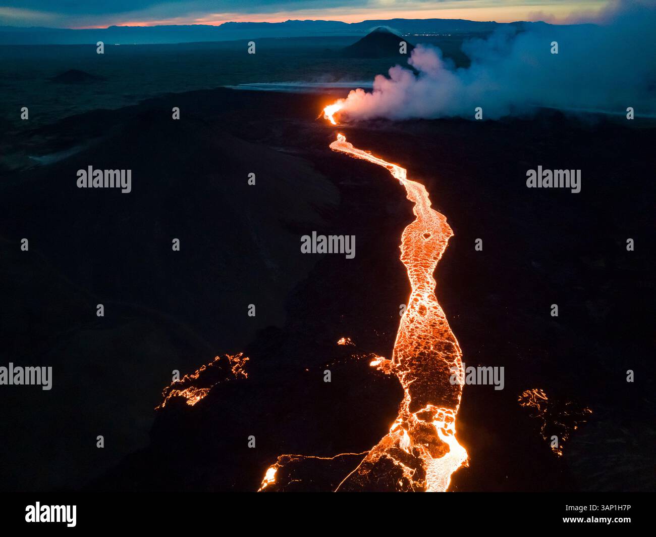 Aerial view of Litli-Hrutur (Little Ram) Volcano during an eruption on ...