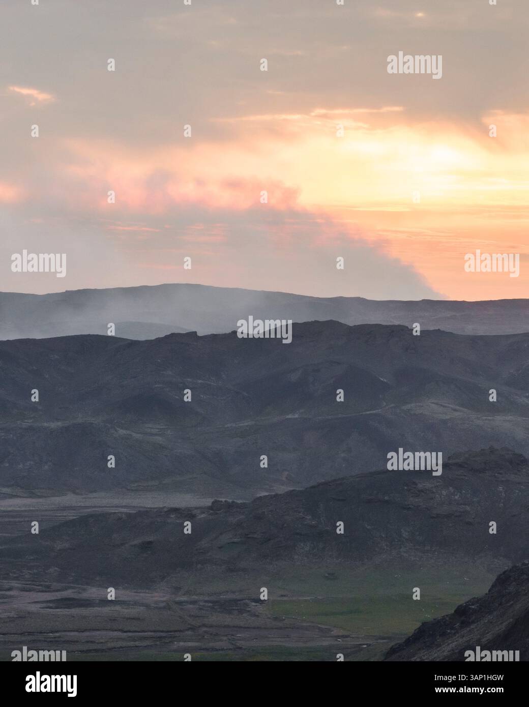 Aerial view of smoke coming from the Litli-Hrutur (Little Ram) Volcano ...